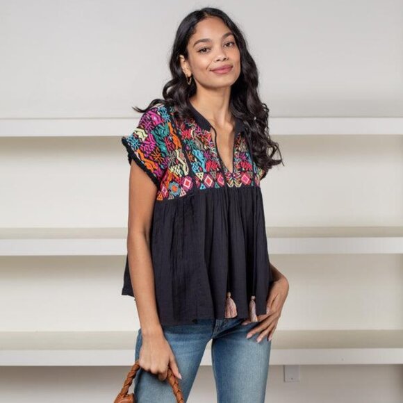 THML | Tops | Thml Olson Embroidered Tassel Tie Top Boxy Boho Black ...